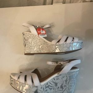 Clarks | Shoes | Clarks White With Silver Floral On Wedge Heels Size 95 ...
